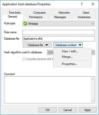 Application hash database